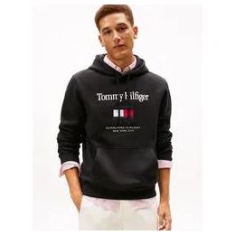 Hoodie Tommy Hilfiger "TOMMY EMBRO FLAG", Herren, Gr. M, schwarz, Sweatware, Obermaterial: 64% Baumwolle, 36% Polyester, regular fit, Rippb&uuml;ndchen, Sweatshirts Hoodie, normale Passform, Stickerei