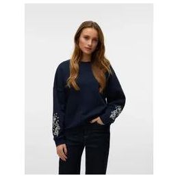 V&eacute;ro Moda Sweatshirt VERO MODA "VMKAROL BEA LS SWEAT BOX JRS GA", Damen, Gr. XS, navy blazer detail:embroidery on sleeves, Sweatware, Obermaterial: 52% Baumwolle, 48% Polyester, unifarben mit Farbeinsatz, loose fit normal, Rundhals, Sweatshirts Sweatshirt, mit Blumendruck