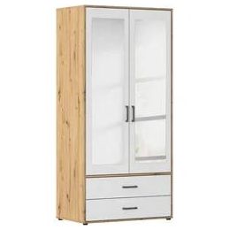Dreht&uuml;renschrank Rauch "Kleiderschrank Schrank Garderobe W&auml;scheschrank VOYAGER", eiche artisan, alpinwei&szlig;, B:93cm H:194cm T:53cm, Holzwerkstoff, Schr&auml;nke, Dreht&uuml;renschrank, mit modernen Griffen in Graumetallic, inkl. Schubk&auml;sten und Spiegel