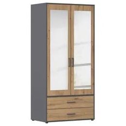 Dreht&uuml;renschrank Rauch "Kleiderschrank Schrank Garderobe W&auml;scheschrank VOYAGER", graumetallic, eiche artisan, B:93cm H:194cm T:53cm, Holzwerkstoff, Schr&auml;nke, Dreht&uuml;renschrank, mit modernen Griffen in Graumetallic, inkl. Schubk&auml;sten und Spiegel