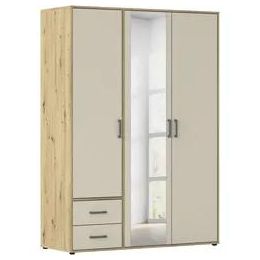 Dreht&uuml;renschrank Rauch "Kleiderschrank Schrank Garderobe W&auml;scheschrank VOYAGER", beige (champagner), eiche artisan, B:140cm H:194cm T:53cm, Holzwerkstoff, Schr&auml;nke, Dreht&uuml;renschrank, mit modernen Griffen in Graumetallic, inkl. Schubk&auml;sten und Spiegel