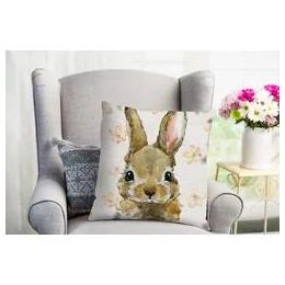 Dekokissen queence "Baran", gelb (gelb, braun, bedruckt), B:40cm L:40cm, Polyester, Dekokissen_Sitzkissen_Kissenh&uuml;llen, s&uuml;&szlig;er Hase