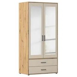 Dreht&uuml;renschrank Rauch "Kleiderschrank Schrank Garderobe W&auml;scheschrank VOYAGER", beige (champagner), eiche artisan, B:93cm H:194cm T:53cm, Holzwerkstoff, Schr&auml;nke, Dreht&uuml;renschrank, mit modernen Griffen in Graumetallic, inkl. Schubk&auml;sten und Spiegel