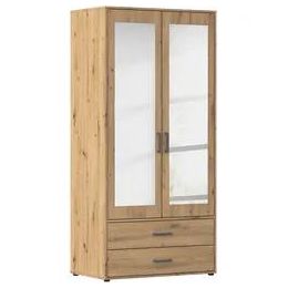 Dreht&uuml;renschrank Rauch "Kleiderschrank Schrank Garderobe W&auml;scheschrank VOYAGER", eiche artisan, B:93cm H:194cm T:53cm, Holzwerkstoff, Schr&auml;nke, Dreht&uuml;renschrank, mit modernen Griffen in Graumetallic, inkl. Schubk&auml;sten und Spiegel