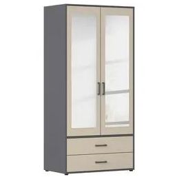 Dreht&uuml;renschrank Rauch "Kleiderschrank Schrank Garderobe W&auml;scheschrank VOYAGER", beige (champagner), graumetallic, B:93cm H:194cm T:53cm, Holzwerkstoff, Schr&auml;nke, Dreht&uuml;renschrank, mit modernen Griffen in Graumetallic, inkl. Schubk&auml;sten und Spiegel
