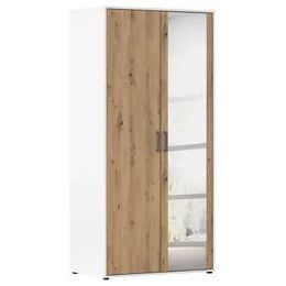 Dreht&uuml;renschrank Rauch "Kleiderschrank Schrank Garderobe W&auml;scheschrank VOYAGER", alpinwei&szlig;, eiche artisan, B:93cm H:194cm T:53cm, Holzwerkstoff, Schr&auml;nke, Dreht&uuml;renschrank, mit modernen Griffen in Graumetallic und Spiegel