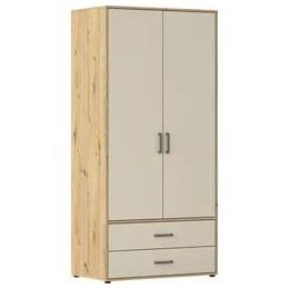 Dreht&uuml;renschrank Rauch "Kleiderschrank Schrank Garderobe W&auml;scheschrank VOYAGER", beige (champagner), eiche artisan, griffe graumetallic, B:93cm H:194cm T:53cm, Holzwerkstoff, Schr&auml;nke, Dreht&uuml;renschrank, mit 2 modernen Griffvarianten, mit Au&szlig;enschubladen MADE IN GERMANY