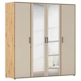 Dreht&uuml;renschrank Rauch "Kleiderschrank Schrank Garderobe W&auml;scheschrank VOYAGER", beige (champagner), eiche artisan, B:187cm H:194cm T:53cm, Holzwerkstoff, Schr&auml;nke, Dreht&uuml;renschrank, mit modernen Griffen in Graumetallic und Spiegel