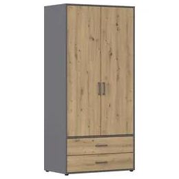 Dreht&uuml;renschrank Rauch "Kleiderschrank Schrank Garderobe W&auml;scheschrank VOYAGER", graumetallic, eiche artisan, griffe graumetallic, B:93cm H:194cm T:53cm, Holzwerkstoff, Schr&auml;nke, Dreht&uuml;renschrank, mit 2 modernen Griffvarianten, mit Au&szlig;enschubladen MADE IN GERMANY