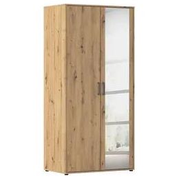 Dreht&uuml;renschrank Rauch "Kleiderschrank Schrank Garderobe W&auml;scheschrank VOYAGER", eiche artisan, B:93cm H:194cm T:53cm, Holzwerkstoff, Schr&auml;nke, Dreht&uuml;renschrank, mit modernen Griffen in Graumetallic und Spiegel