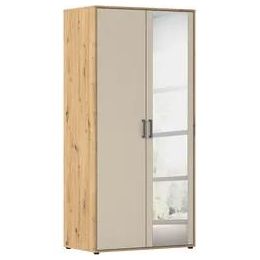 Dreht&uuml;renschrank Rauch "Kleiderschrank Schrank Garderobe W&auml;scheschrank VOYAGER", beige (champagner), eiche artisan, B:93cm H:194cm T:53cm, Holzwerkstoff, Schr&auml;nke, Dreht&uuml;renschrank, mit modernen Griffen in Graumetallic und Spiegel