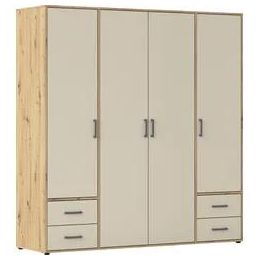 Dreht&uuml;renschrank Rauch "Kleiderschrank Schrank Garderobe W&auml;scheschrank VOYAGER", beige (champagner), eiche artisan, griffe graumetallic, B:187cm H:194cm T:53cm, Holzwerkstoff, Schr&auml;nke, Dreht&uuml;renschrank, mit 2 modernen Griffvarianten, mit Au&szlig;enschubladen MADE IN GERMANY