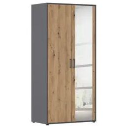 Dreht&uuml;renschrank Rauch "Kleiderschrank Schrank Garderobe W&auml;scheschrank VOYAGER", graumetallic, eiche artisan, B:93cm H:194cm T:53cm, Holzwerkstoff, Schr&auml;nke, Dreht&uuml;renschrank, mit modernen Griffen in Graumetallic und Spiegel
