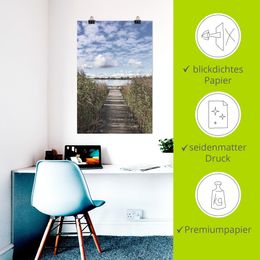 Wandbild Artland, B:60cm H:90cm, blau, Papier, Wohnzimmer, Bilder, "Steg und Schilf am Krakower See", als Alubild, Leinwandbild, Poster,