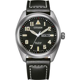 Citizen Herren Solaruhr, schwarz, Armbanduhren, Armbanduhr, Herrenuhr, Titan, Datum, Lederarmband
