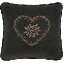 Dekokissen Biederlack, B:50cm L:50cmschwarz, herz, Baumwolle, Polyester, Dekokissen_Sitzkissen_Kissenh&uuml;llen, "Alp Charm", Herzmotiv mit Enzianbl&uuml;te