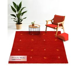 Wollteppich CarpetFine, B:120cm H:15mm L:120cm, rot, Wolle, Wohnzimmer, Teppiche, "Gabbeh-Uni", reine Wolle, handgewebt, Gabbeh Loom Tiermotiv,