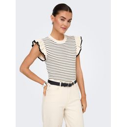 Jacqueline de Yong Kurzarmpullover JDY "JDYCARICE S/L FRILL PULLOVER KNT NOOS", Damen, Gr. L, cloud dancer detail:with schwarz structure, Strick, Obermaterial: 100% Baumwolle, gestreift, normal, Rundhals, Pullover