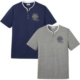 bonprix Herren Henleyshirt, blau, Gr. 48, meliert, unifarben mit Farbeins&auml;tzen, Jersey, Obermaterial: 100% Baumwolle, Shirts, Regular Fit, im