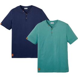 bonprix Herren Henleyshirt "Henleyshirt (2er Pack) aus reiner Baumwolle", blau, Gr. 68, mehrfarbig, unifarben, Jersey, Obermaterial: 100% Baumwolle,
