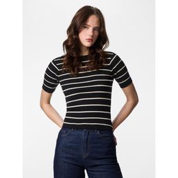 Kurzarmpullover Pieces "PCMIRA SS O-NECK KNIT NOOS BC", Damen, Gr. L, schwarz stripes:birch narrow, Strick, Obermaterial: 50% Viskose, 28% Polyester, 22% Nylon, gestreift, normal, Rundhals, Pullover, Viskosemischung, Kurzarm
