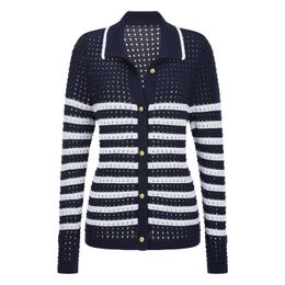 GOLDNER Damen Strickjacke "Polopullover mit Lochmuster", blau, Gr. 52, Obermaterial: 50% Baumwolle CO. 50% Polyacryl PAN., Strickjacken, Lochmuster