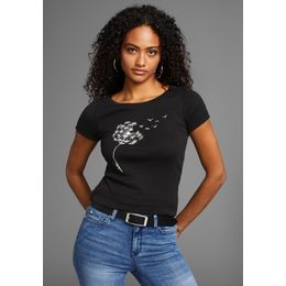 Kangaroos Damen Kurzarmshirt, schwarz, Gr. 36, bedruckt, gemustert, Rippware, Obermaterial: 100% Baumwolle, Shirts, Kurzarm, k&ouml;rpernahe Passform,