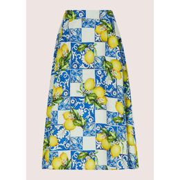 Madeleine Mode MADELEINE Damen Midirock "Faltenrock Midirock mit Zitronen-Design", blau, Modern, Gr. 38, Obermaterial: 55% Leinen LI. 45% Viskose CV., R&ouml;cke, weit
