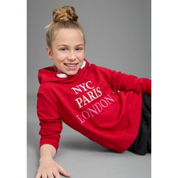 Kapuzensweatshirt Kidsworld "NYC Paris London - Stickerei", M&auml;dchen, Gr. 176/182, rot, Sweatware, Obermaterial: 100% Baumwolle, bestickt, gerade taillenbedeckt, B&uuml;ndchen, Sweatshirts, Langarm, gerade Passform, bedruckt, Kapuze, aus Baumwolle
