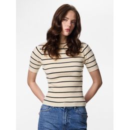 Kurzarmpullover Pieces "PCMIRA SS O-NECK KNIT NOOS BC", Damen, Gr. S, birch stripes:schwarz narrow, Strick, Obermaterial: 50% Viskose, 28% Polyester, 22% Nylon, gestreift, normal, Rundhals, Pullover, Viskosemischung, Kurzarm