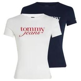 Tommy Hilfiger T-Shirt TOMMY JEANS "TJW 2PACK ESSENTIAL LOGO TEE", Damen, Gr. M (38), blau (ecru, schwarz night navy), Single Jersey, Obermaterial: 70% Baumwolle, 30% Viskose, bedruckt, slim fit kurz, Rundhals, abgesteppt, Shirts T-Shirt, mit Logodruck