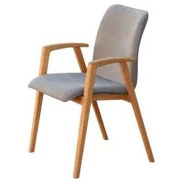 Armlehnstuhl OTTO HOME "Loreen Esszimmerstuhl, Polsterstuhl, Designstuhl", braun (schlamm, eiche natur ge&ouml;lt), B:56cm H:86,5cm T:64cm, Holzwerkstoff, Massivholz, Polyester, St&uuml;hle, Armlehnstuhl, mit Massivgestell, hochwertig gearbeitet, Armlehnen, stilvoll, bequem