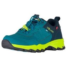 Outdoorschuh Trollkids "KIDS TROLLTUNGA HIKER LOW XT", Kinder, Gr. 33, blau (harbor blau, spring leaf, schwarz indigo), Synthetik, Textil, Schuhe Outdoorschuh, wasserdicht