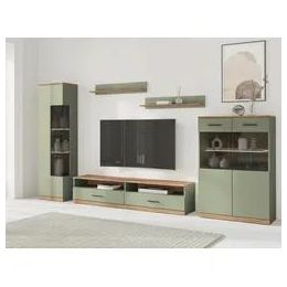 Wohnwand OTTO HOME "Ribe,Set-5 St.,Oberplatten Eiche massiv,viel Stauraum", salbei, eiche, Holzwerkstoff, Massivholz, Kastenm&ouml;bel-Sets, Wohnwand, Glaseinsatz aus geh&auml;rtetem Glas,B&ouml;den teilweise versetzbar