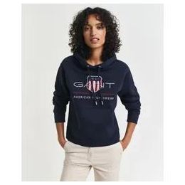 Kapuzensweatshirt Gant "ARCHIVE SHIELD HOODIE", Damen, Gr. S, blau (evening blau), Sweatware, Obermaterial: 78% Baumwolle, 22% Polyester, bedruckt, unifarben, regular fit normal, Rundhals, eingesetzt Rippb&uuml;ndchen, Sweatshirts, Mit Kapuze mit Kordelzug