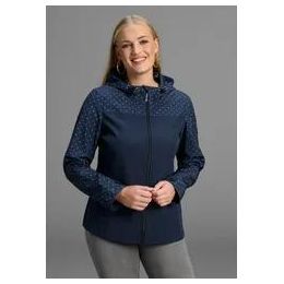 Softshelljacke Polarino, Damen, Gr. 44, blau (navy), Softshell, Obermaterial: 96% Polyester, 4% Elasthan. Futter: 100% Polyester. Innenseite: 100% Polyester, bedruckt, gemustert, kontrastfarbene Details, mehrfarbig, bequem h&uuml;ftlang, mit Kn&ouml;pfen,verstellbar, Jacken Softshelljacke, mit Druck, &Uuml;bergangsjacke
