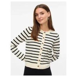 V&eacute;ro Moda Strickjacke VERO MODA "VMSABA PLAIN LS O-NECK CARDIGAN NOOS", Damen, Gr. M, beige (birch stripes:with schwarz), Strick, Obermaterial: 50% Viskose, 28% Polyester, 22% Nylon, gestreift, regular fit taillenbedeckt, Rundhals, Strickjacken Strickjacke
