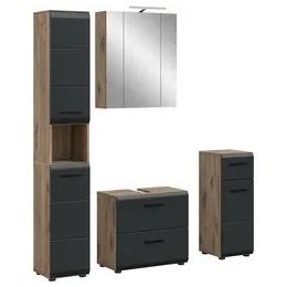 Badezimmer-Set Welltime, nox oak nb, sschwarz matt, B:150cm H:185cm T:30cm, Holzwerkstoff, MDF, Kastenm&ouml;bel-Sets, Florenz, Badkombination 5-tlg.,Nox Oak NB,l inkl Beleuchtung