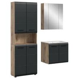 Badezimmer-Set Welltime, nox oak nb, sschwarz matt, B:135cm H:185cm T:46cm, Holzwerkstoff, MDF, Kastenm&ouml;bel-Sets, Florenz, Badkombination 4-tlg.,Nox Oak NB, inkl. Waschbecken