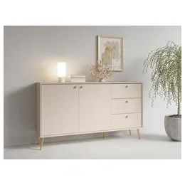 Kommode Home Affaire "ROMELIS Sideboard mit 3 Schubladen und 2 T&uuml;ren, B/T/H: 156/40,5/89 cm", beige, B:156,2cm H:89,2cm T:40,5cm, Melamin, Sideboards, Kommode, Beige Kommode mit goldenen Griffen auf goldenen F&uuml;&szlig;en, viel Stauraum