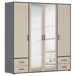 Dreht&uuml;renschrank Rauch "Kleiderschrank Schrank Garderobe W&auml;scheschrank VOYAGER", beige (champagner), graumetallic, B:187cm H:194cm T:53cm, Holzwerkstoff, Schr&auml;nke, Dreht&uuml;renschrank, mit modernen Griffen in Graumetallic, inkl. Schubk&auml;sten und Spiegel