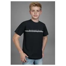 T-Shirt Bruno Banani "Banani Jeans Shirt mit Logoprint f&uuml;r Jungen", Jungen, Gr. 176/182, schwarz, Single Jersey, Obermaterial: 100% Baumwolle, bedruckt, Basic h&uuml;ftlang, Rundhals, Shirts T-Shirt, F&uuml;r TEENS. Cooles Logoshirt