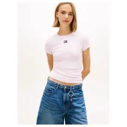 Tommy Hilfiger Kurzarmshirt TOMMY JEANS "TJW SLIM BADGE RIB TEE", Damen, Gr. M (38), pearly pink, Single Jersey, Obermaterial: 95% Baumwolle, 5% Elasthan, unifarben, slim fit normal, Rundhals, abgesteppt, Shirts, mit gerippter Struktur