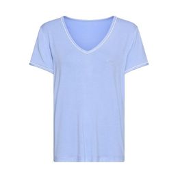s.Oliver Pyjamaoberteil blau Gr. 40/42 f&uuml;r Damen. V-Ausschnitt und Stickerei, Kontrastbes&auml;tze. Basic