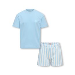 Shorty KIDS Only "KOGRILA NIGHTWEAR TOP/SHORTS SET JRS", M&auml;dchen, Gr. 134/140, clear sky pack:flower, clear sky shorts striped cloud dancer, Jersey, Obermaterial: 100% Baumwolle, bedruckt, gestreift, unifarben, Basic ca. Mitte Oberschenkel, Rundhals, Homewear-Sets Shorty