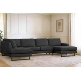 Wohnlandschaft Home Affaire "Pinto, 350 cm, U-Form, XXL, mit Ottomanen", schwarz (onyx), B:350cm H:85cm T:206cm, 90% Polyester, 10% Nylon, Sofas, Wohnlandschaft, Cord, Chenille, Lederoptik, mit Keder, Metallf&uuml;&szlig;e, Wellenunterfederung