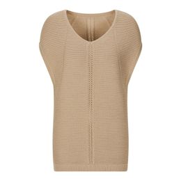 Rundhalspullover GOLDNER "Kurzgr&ouml;&szlig;e Rippstrickpullover mit V-Ausschnitt", Damen, Gr. 21, beige, Obermaterial: 44% Baumwolle CO. 44% Polyacryl PAN. 12% metallisierte Fasern MTF., gerade, Pullover Rundhalspullover, gold farbiges Garn mit verstickt