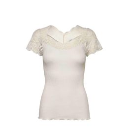 Spitzenshirt rosemunde "Beatha Lace Capsleeve T-Shirt", Damen, Gr. S, wollwei&szlig;, Feinstrick, Obermaterial: 55% Seide, 45% Baumwolle, durchscheinend, gebl&uuml;mt, unifarben, eng h&uuml;ftbedeckend, V-Ausschnitt, Spitze, Shirts Spitzenshirt, wundersch&ouml;ne elastisch weiche Vintage-Spitze an Ausschnitt und &Auml;rmeln