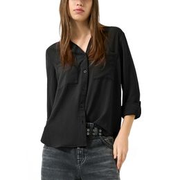 Langarmbluse QS, Damen, Gr. 44, schwarz, Web, Obermaterial: 100% Polyester, unifarben, tailliert h&uuml;ftbedeckend, V-Ausschnitt, mit Knopf krempelbar,mit Kn&ouml;pfen, Blusen Langarmbluse, mit Knopfleiste und Brusttaschen