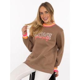Hoodie Zwillingsherz "Love Yourself", Damen, Gr. S/M, mittelbraun, Sweatware, Obermaterial: 50% Baumwolle, 50% Polyester, Sweatshirts Hoodie, Rundhals, gestreifte Neon-B&uuml;ndchen, gestickter Schriftzug